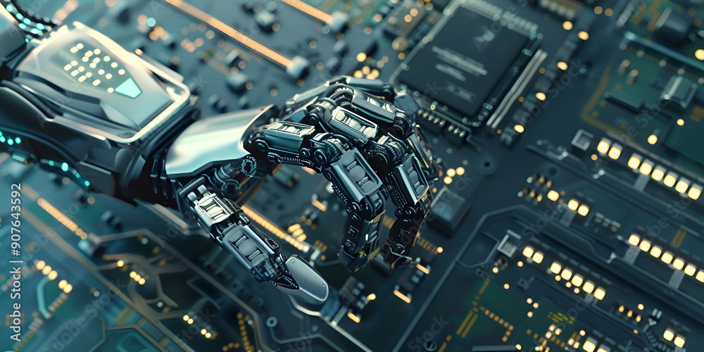 Futuristic animation Robot hand with computer processor digitizes data ...