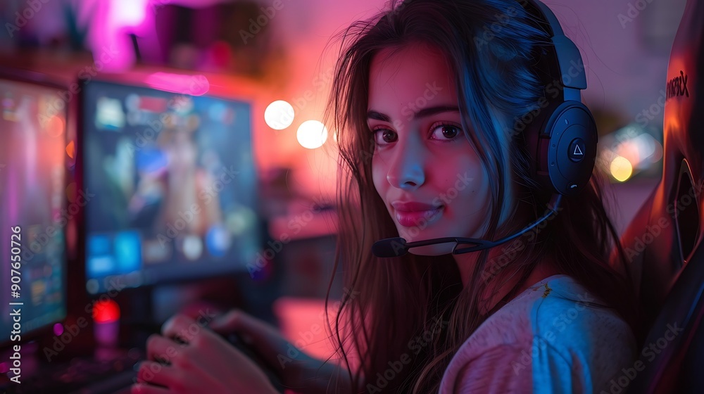 A female streamer engrossed in her gameplay, using a high-quality ...