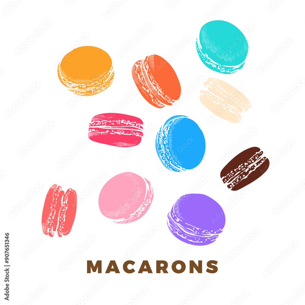 Vector hand drawn colorful macaroons. French sweets with vanilla ...