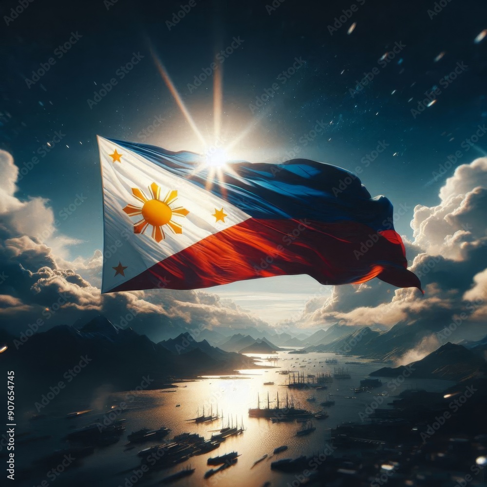 Filipino Flag flying in the air, focusing on the sun and stars with the ...