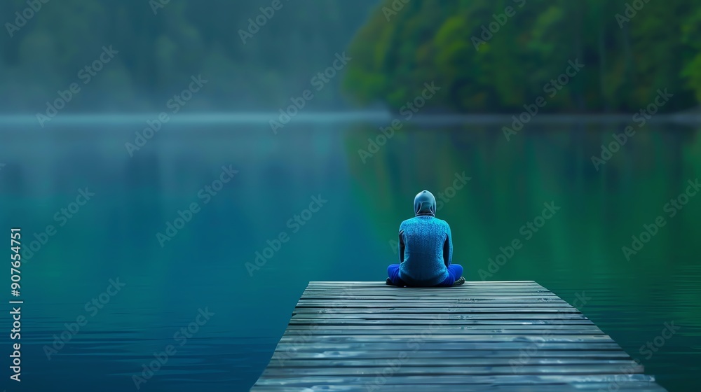 A serene image of a person in deep reflection by a quiet lakeside, with ...