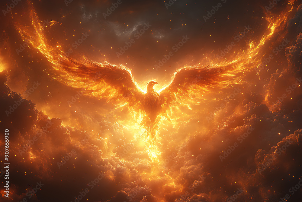 A majestic phoenix rises with wings spread wide, surrounded by a ...
