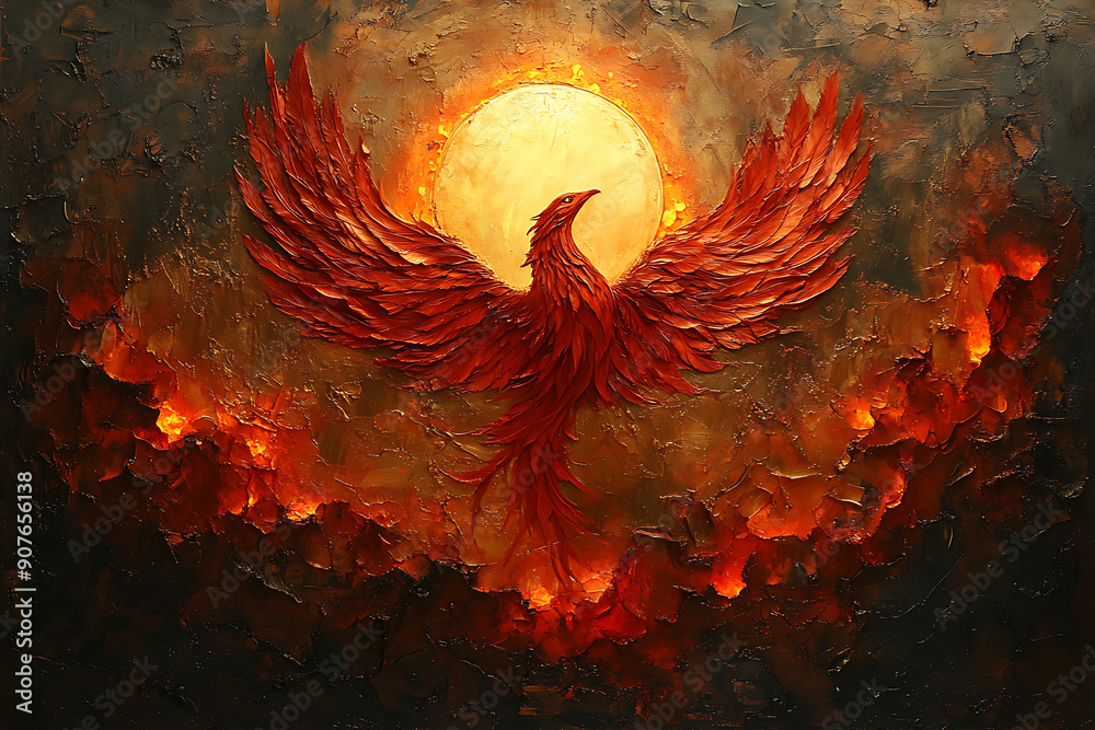 A majestic phoenix rises with wings spread wide, surrounded by a ...