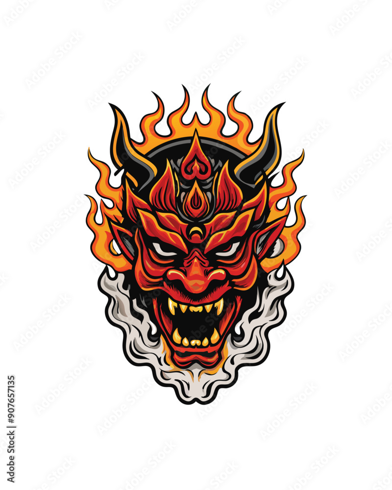 A fierce and intricate Japanese Noh or Oni mask engulfed in flames and ...