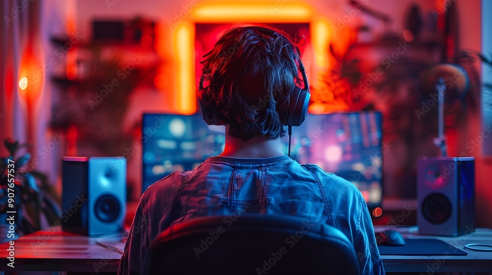 A male gamer in a sleek, minimalist gaming studio, with a professional ...