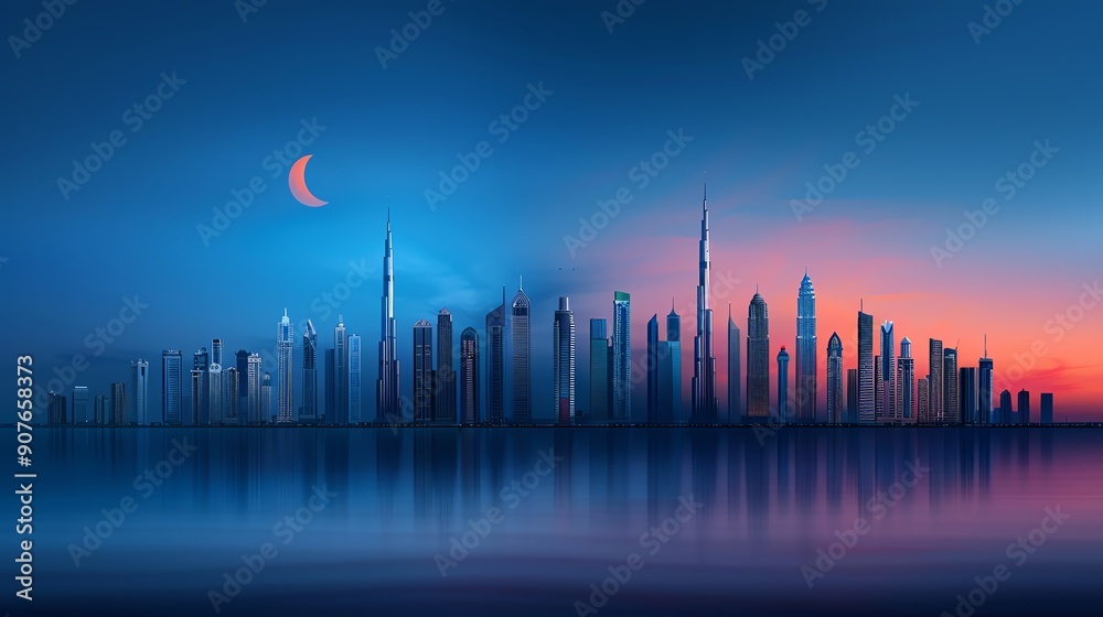 An artistic depiction of a city skyline transitioning from dawn to ...