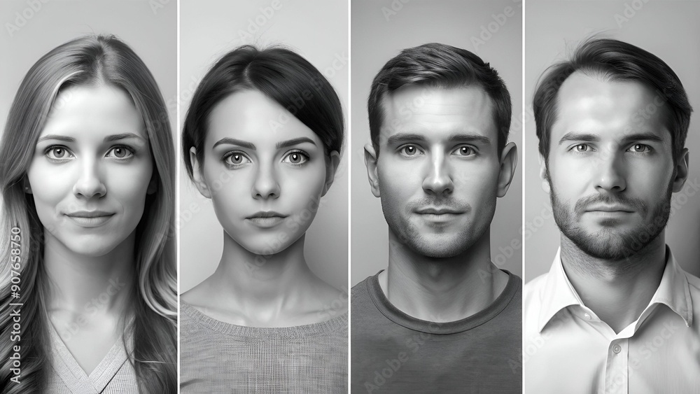 Four gray and white simple avatar images of men, women, boys and girls ...