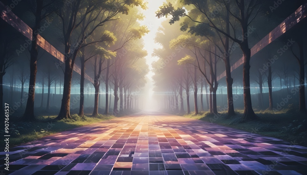 3D digital art of a path leading through a forest with tall trees and a ...