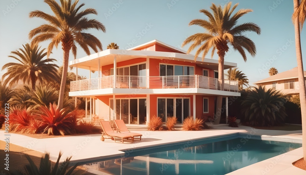 Photograph of a modern, two-story house with a pool and palm trees. The ...