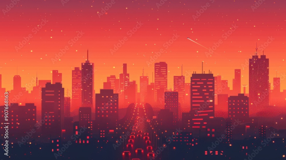 Minimalism illustration, silhouette of a metro city skyline at night ...