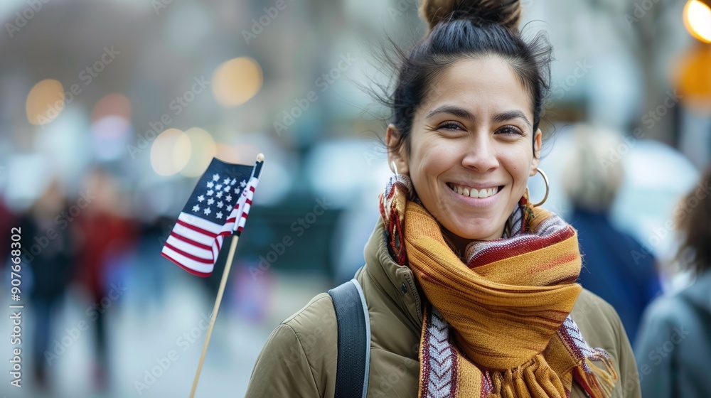 Happy smiling Female immigrant holding a small US flag the day of her ...