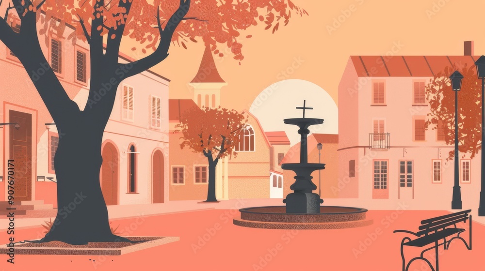 Minimalism illustration, silhouette of a small town square with a ...