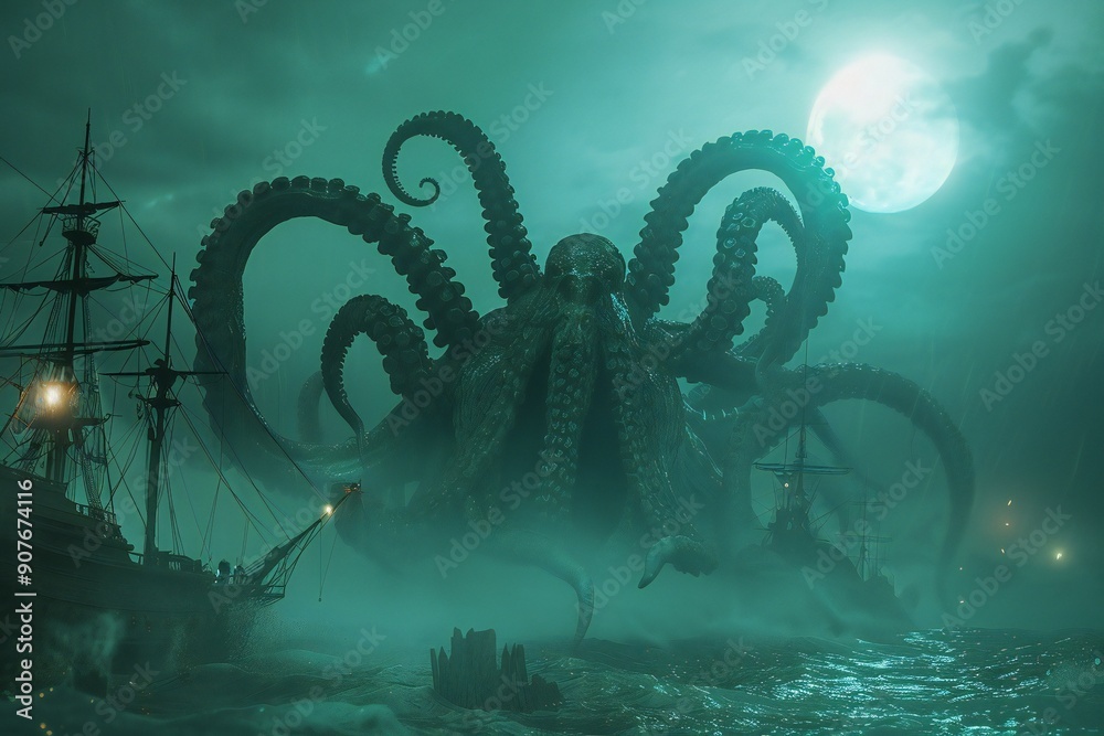 Kraken with massive tentacles and a mysterious aura rising from a foggy sea, with shipwrecks and ...