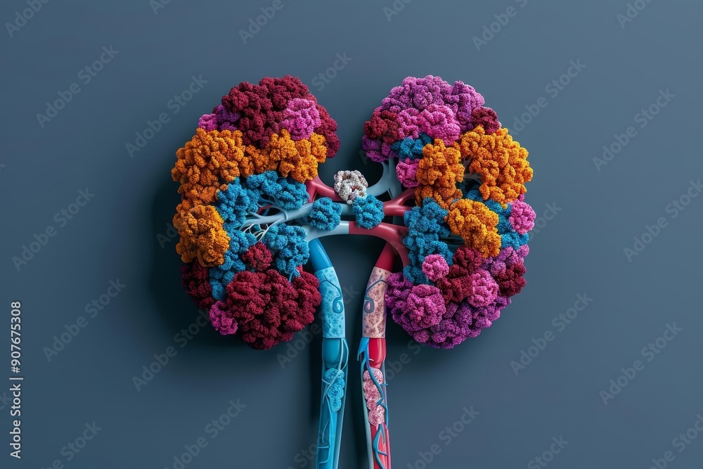 Colorful medical illustration of diseased kidneys, showing detailed ...