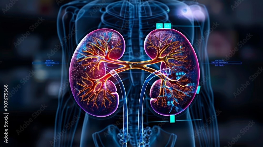 Detailed medical illustration of kidneys showing chronic kidney disease ...