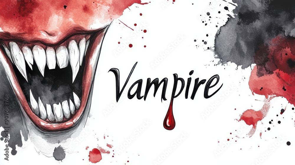 Watercolor vampire fangs and blood drop, with text "Vampire" in big ...