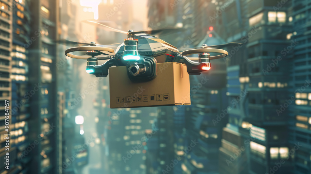 Drone flies and carries a cardboard box. Transportation of cargo ships ...