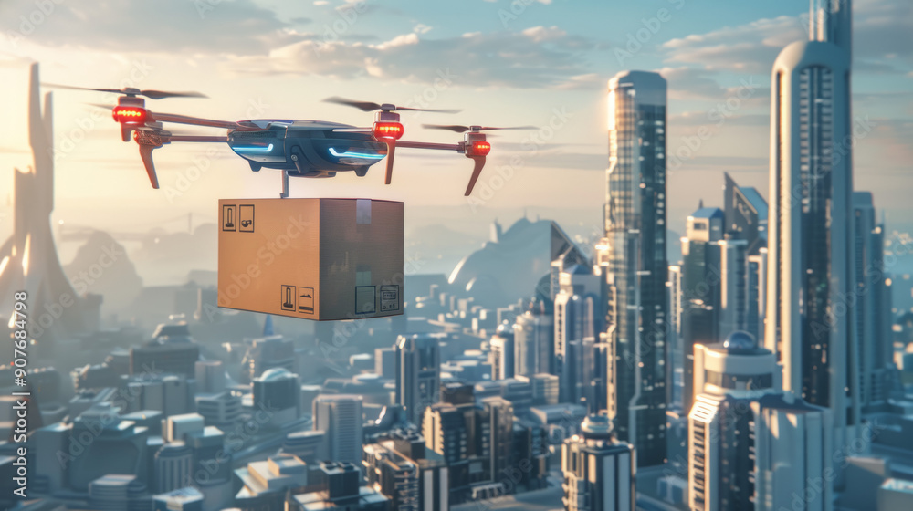 Drone flies and carries a cardboard box. Transportation of cargo ships ...