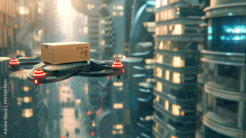 Drone flies and carries a cardboard box. Transportation of cargo ships ...