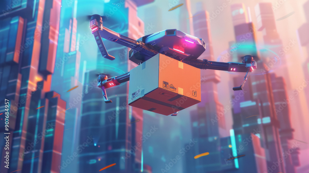 Drone flies and carries a cardboard box. Transportation of cargo ships ...