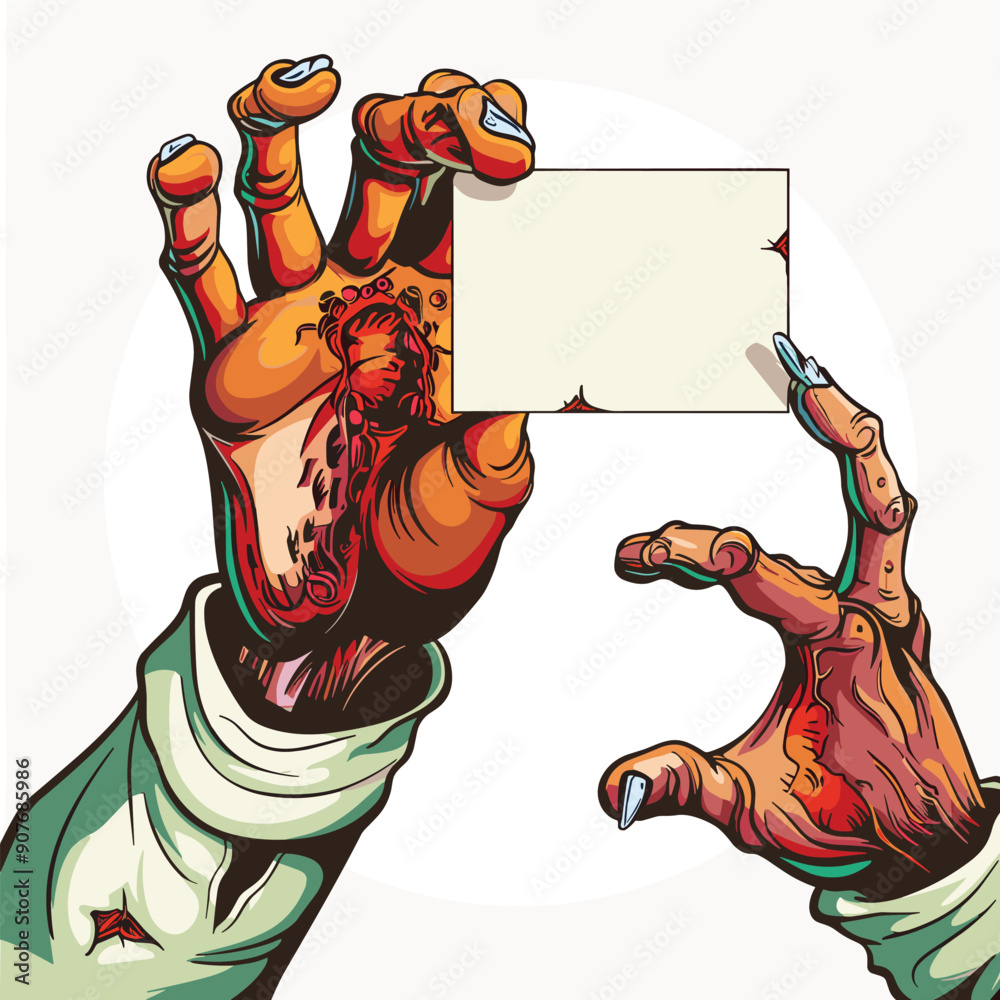 Zombie hands hold blank card. Undead, decayed skin, sharp nails ...