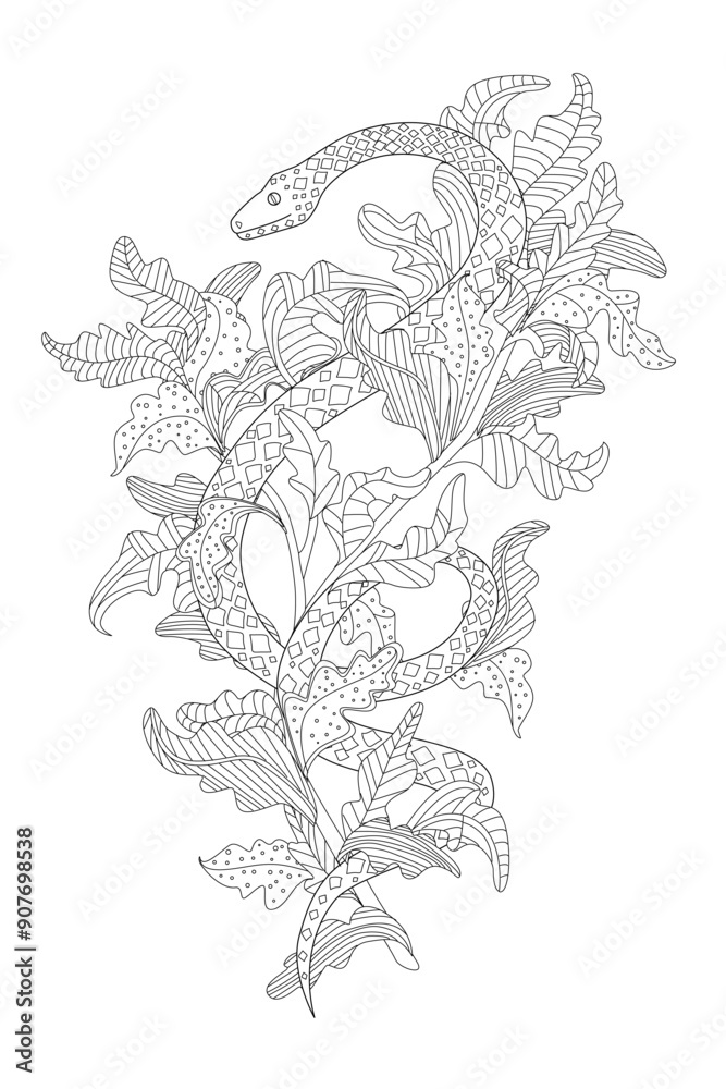 coloring book page for adults and children. slender snake coiled around ...