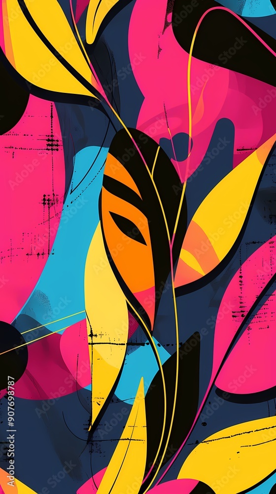 Abstract digital art with vibrant colors and bold shapes, featuring a ...