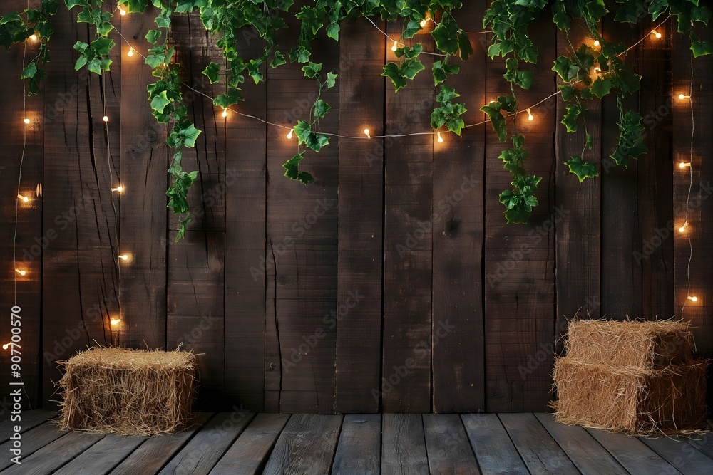 Digital backdrop, rustic hay bales, ivy with fairy lights, wooden ...