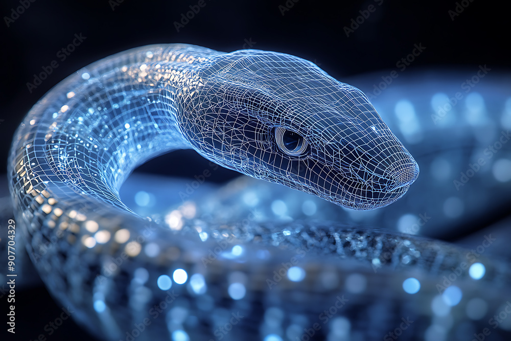 Innovative wireframe rendering depicting a snake on a glowing ...