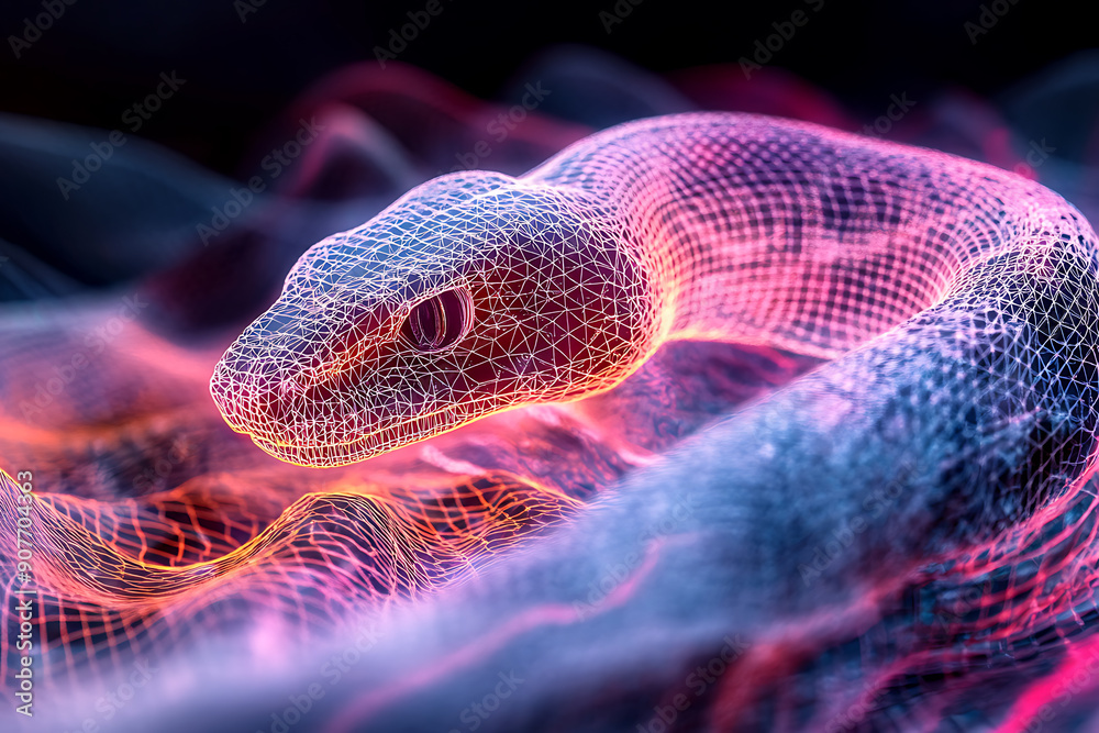 Innovative wireframe rendering depicting a snake on a glowing ...