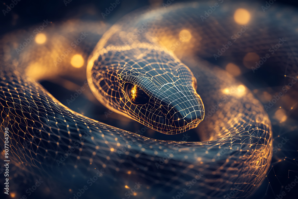 Innovative wireframe rendering depicting a snake on a glowing ...