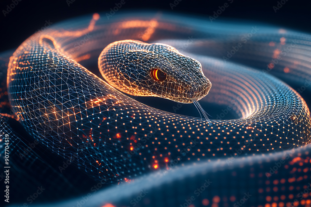 Innovative wireframe rendering depicting a snake on a glowing ...