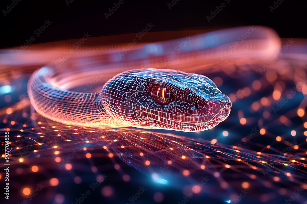 Innovative wireframe rendering depicting a snake on a glowing translucent background, showcasing ...