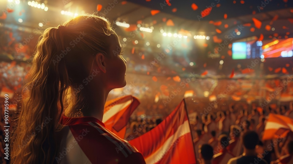 National anthem being sung at a major sports event, crowd holding flags ...