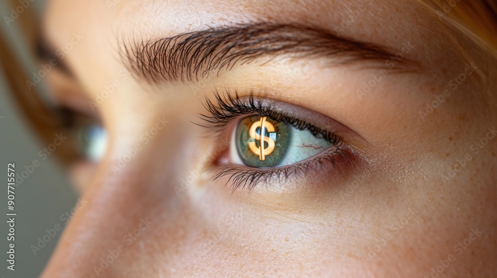 Dollar sign reflected in a woman's eye, with a close-up focus on the ...