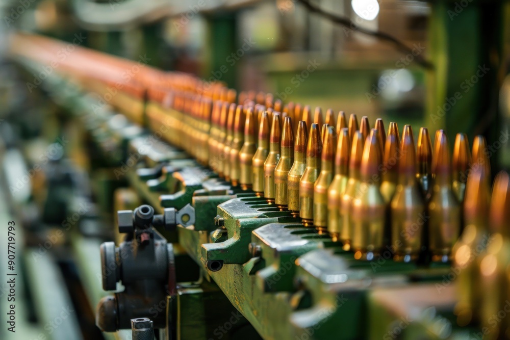 155mm artillery shells in a factory assembly line, highlighting ...