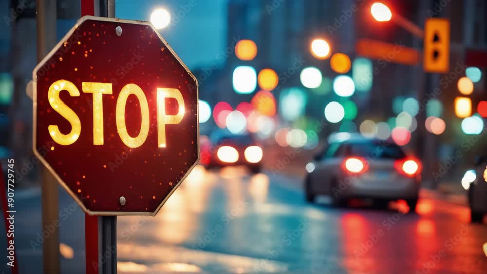 Red stop sign sparkling at night with bokeh city lights and cars ...