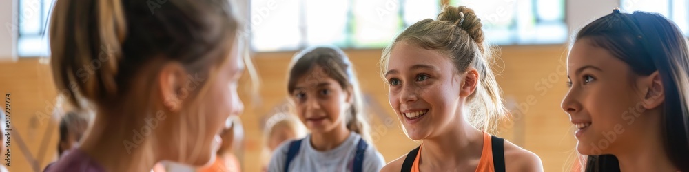 School kids having a discussion with their physical education teacher ...