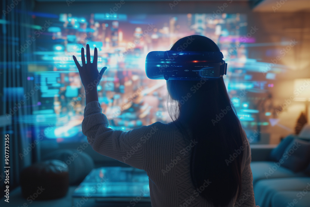 Rear view of a woman wearing a VR headset interacts with a holographic ...