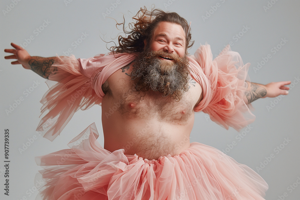 Funny man with thick beard and big fat belly and long hair, in pink ...