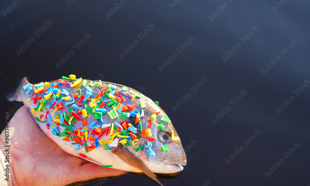 Microplastics in Fish. Dead fish in sea, eats plastic waste. Ocean ...