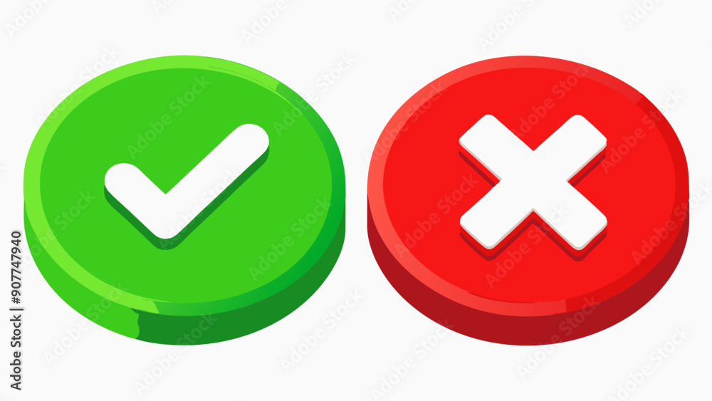 Right and wrong 3D buttons. Tick cross, red and green glossy round and ...