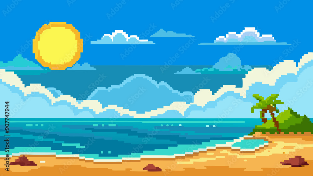Pixel sea landscape. 8-bit sun beach with wave, cloud and sand. Game ...