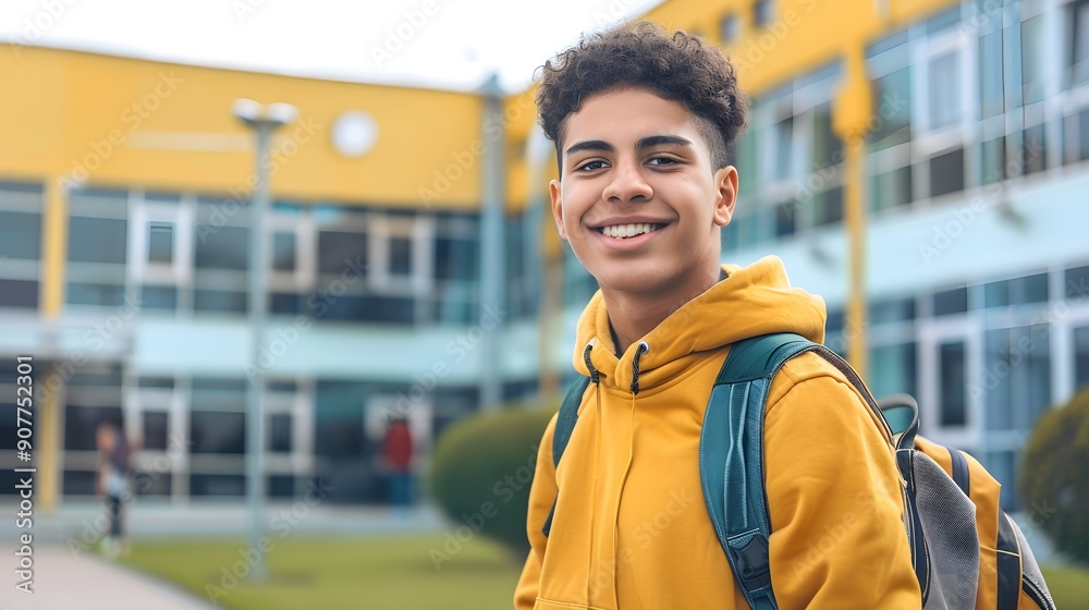 Happy Student with Backpack in Schoolyard, Beaming with Joy in Front of ...