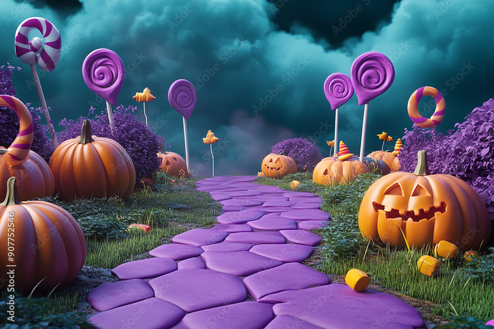 Outdoor photo of 3D, cute, day-time, party halloween landscape, giant ...