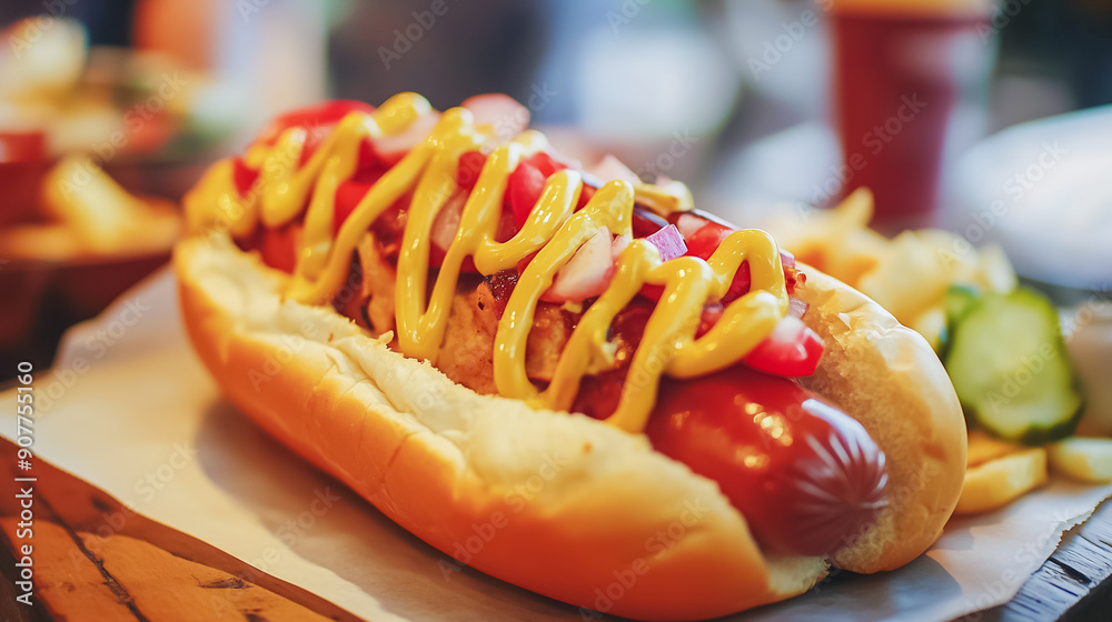 Tasty hot dog with zesty mustard, tangy ketchup, and fresh toppings in ...