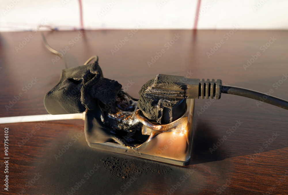 Burning socket. Outlets, plug in fire. Short circuit in Overloaded ...