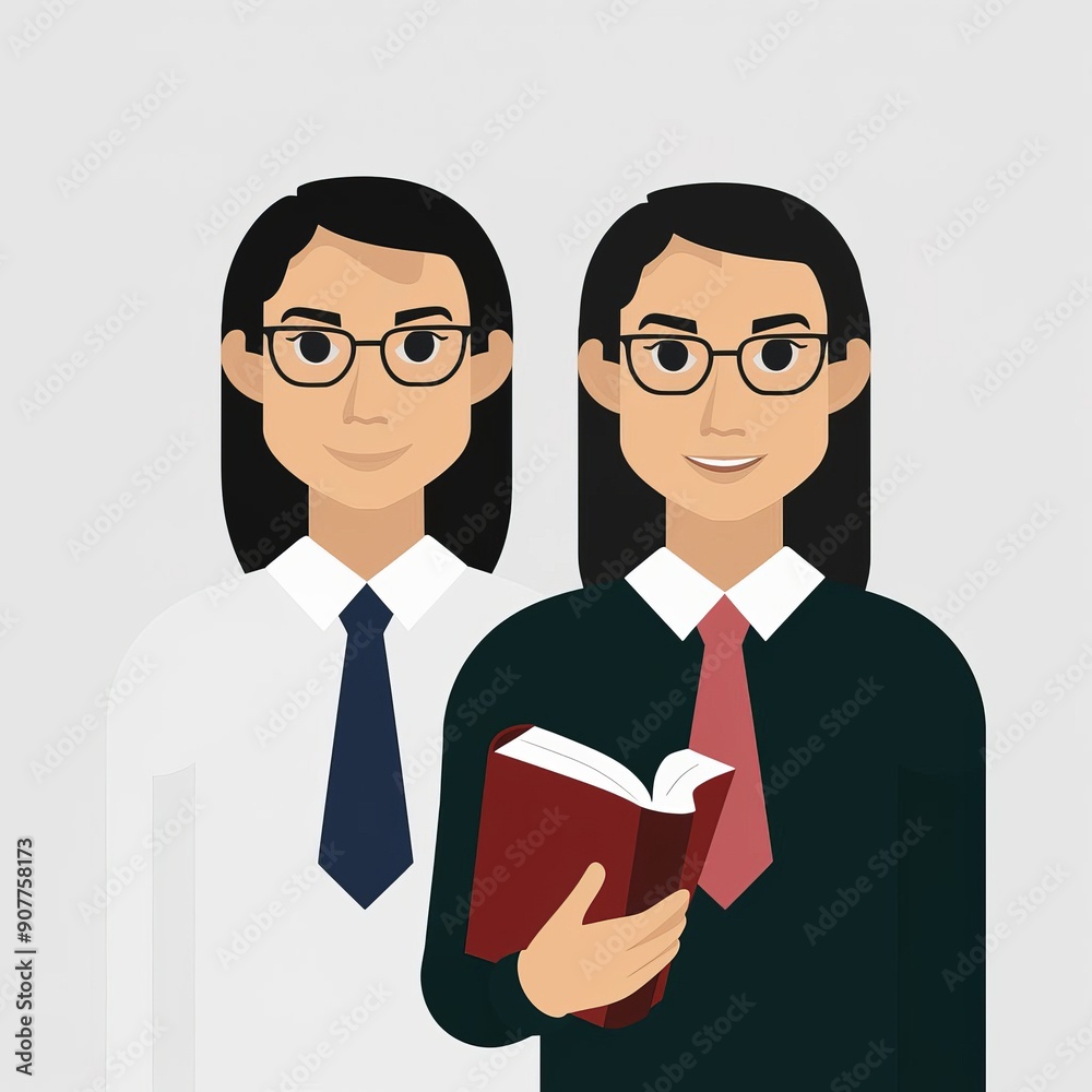 Two girls in glasses and ties stand with a book in their hands and ...