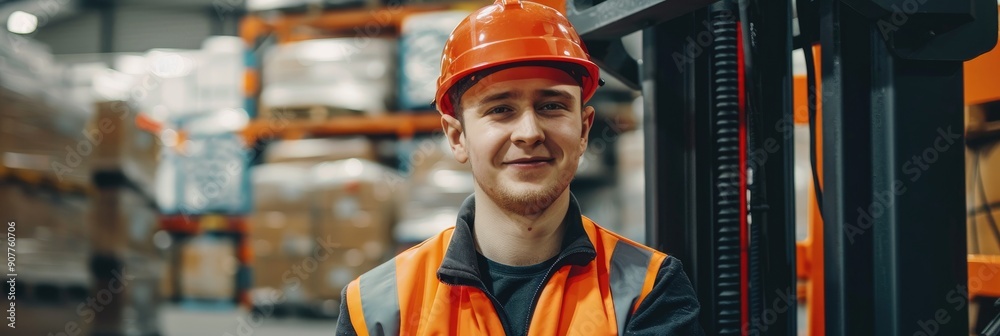 Young warehouse worker driver smiling in uniform in front of forklift ...