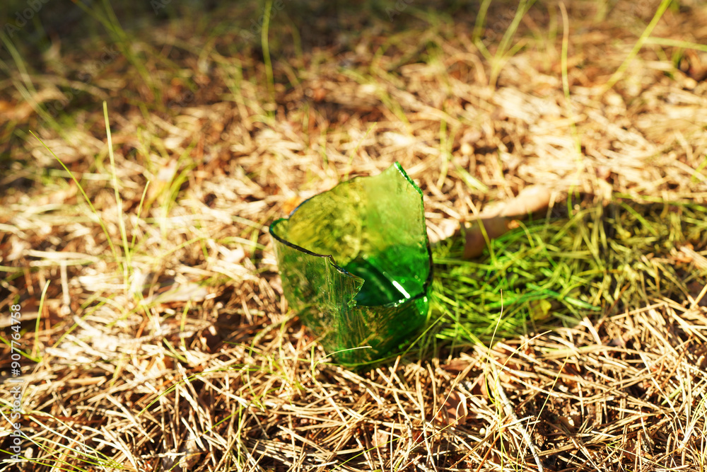 Broken glass bottle on ground. Broken Glass on ground in the forest ...